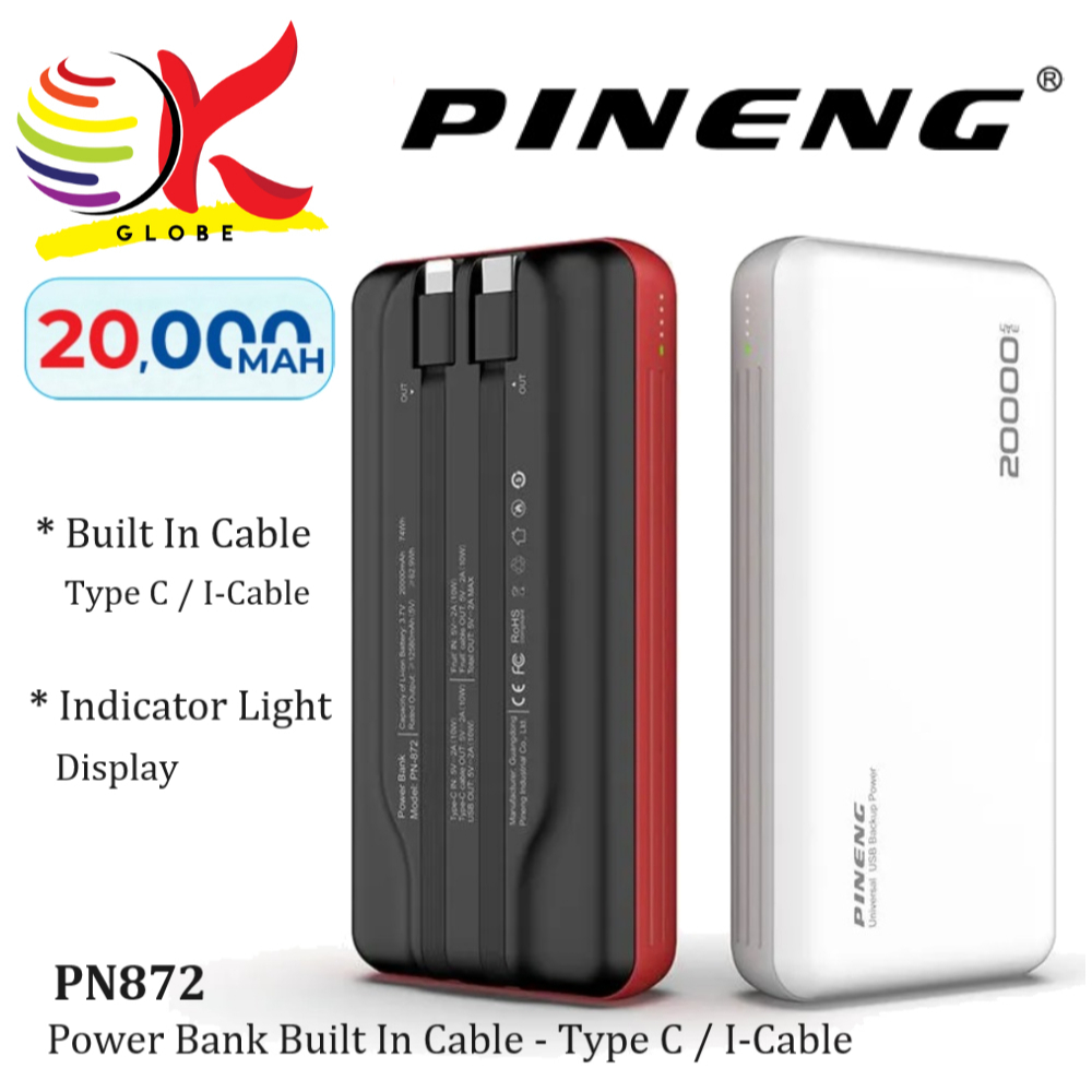 PINENG PN871 20000MAH / PN872 20000MAH POWER BANK WITH BUILT IN 2 CABLE ...