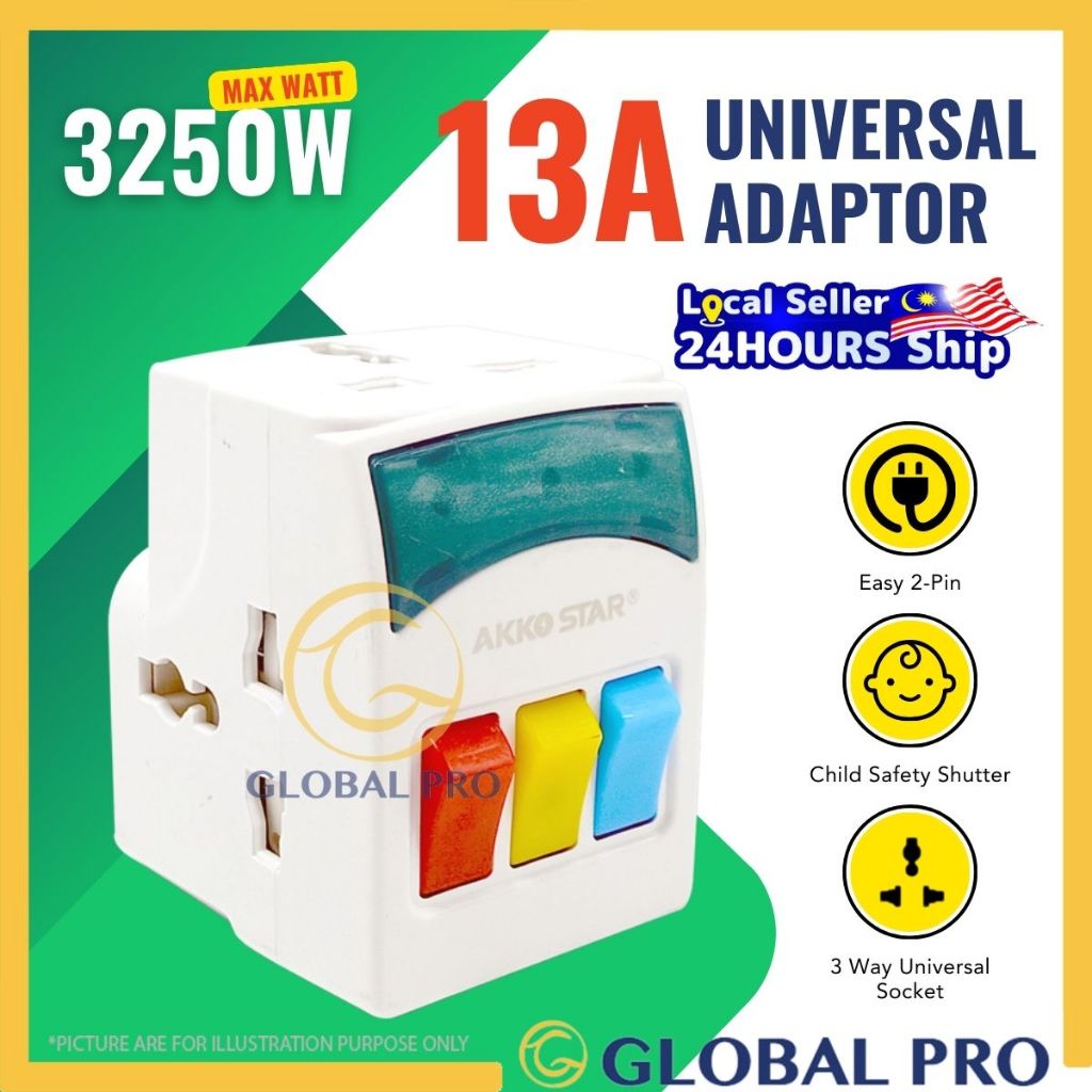 Akko Star 13AMP 3-WAY International Multi Universal Adaptor With ...