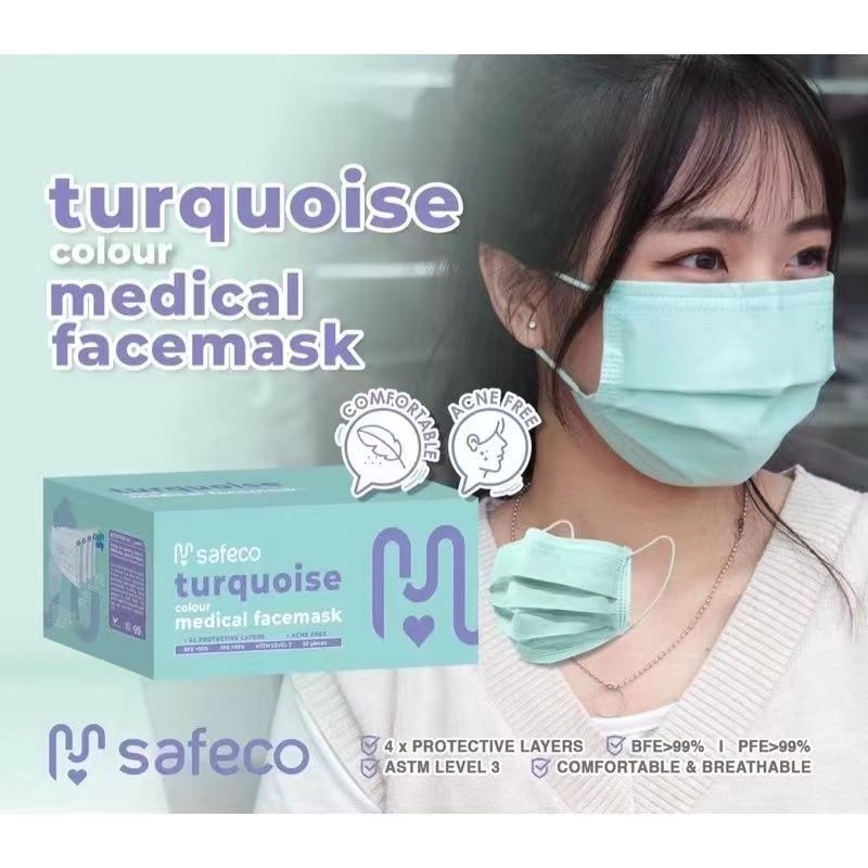 safeco turquoise colour medical facemask 4ply/50pcs | Shopee Malaysia