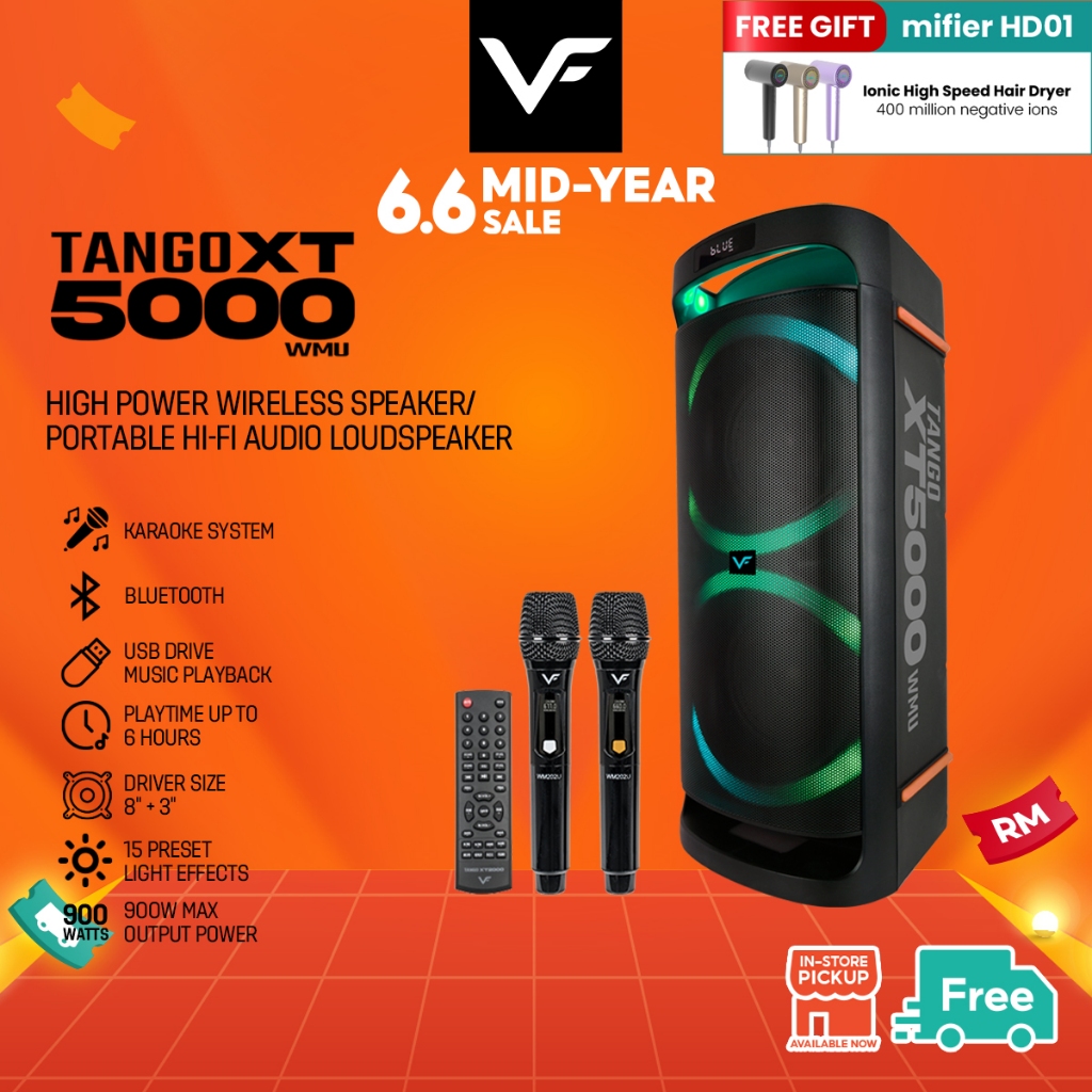 Vinnfier VF Tango XT5000 WMU 900W Bluetooth Speaker HI-FI Loud PartyBox Karaoke Speaker FM Radio ...