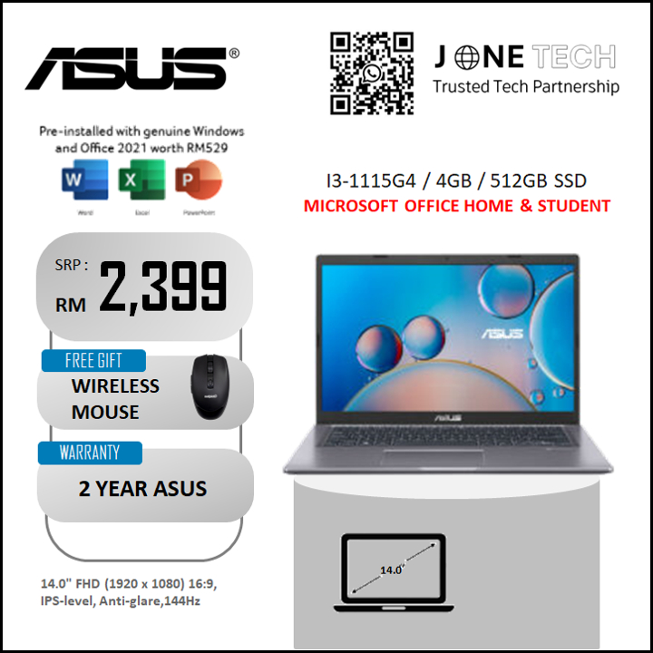 ASUS LAPTOP 14-inch - Intel Core i3-1115G4 / 4GB RAM / 512GB SSD / OPI ...