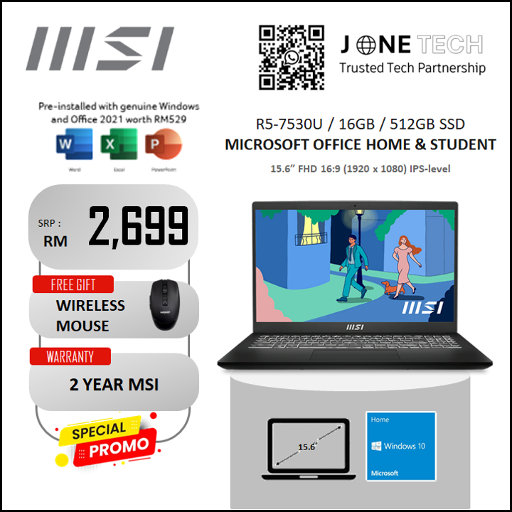 MSI MODERN 15 B7M 15.6" FHD - CLASSIC BLACK ( Ryzen 5 7530U / 8GB ...