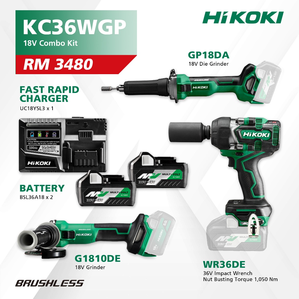 HiKOKI Combo Kit KC36WGP Cordless Impact Wrench WR36DE Cordless Grinder G1810DE Cordless Die ...
