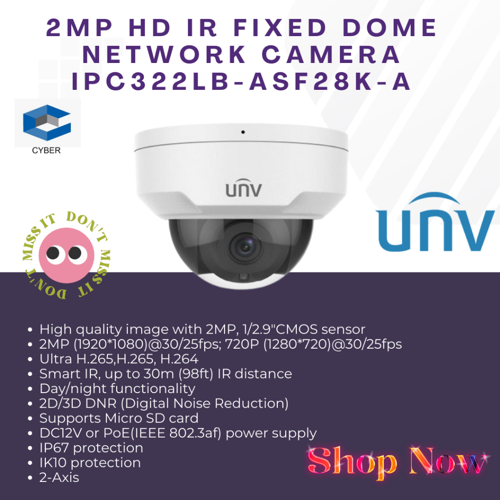 Uniview 2MP HD IR Fixed Dome Network Camera IPC322LB-ASF28K-A | Shopee Malaysia