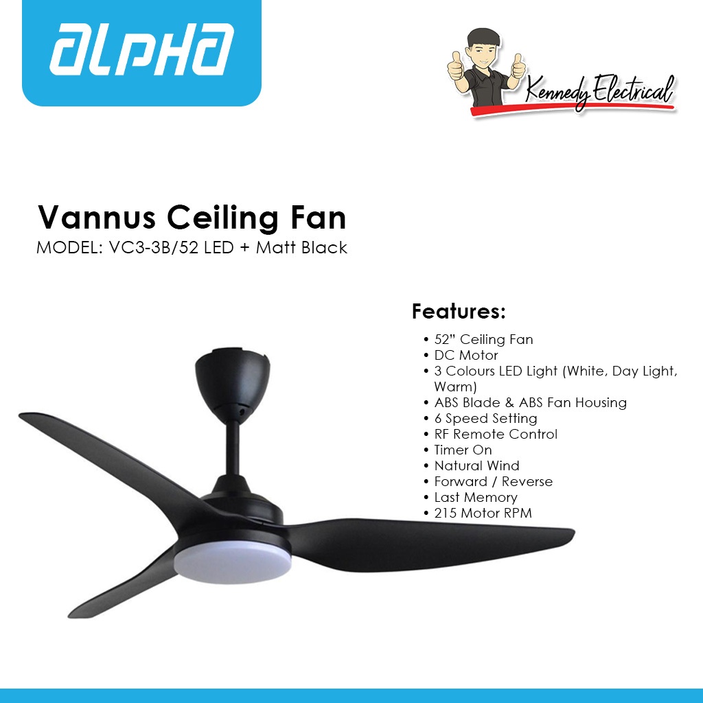 Alpha Vannus Ceiling Fan VC3-3B/52 LED + Matt Black | Shopee Malaysia