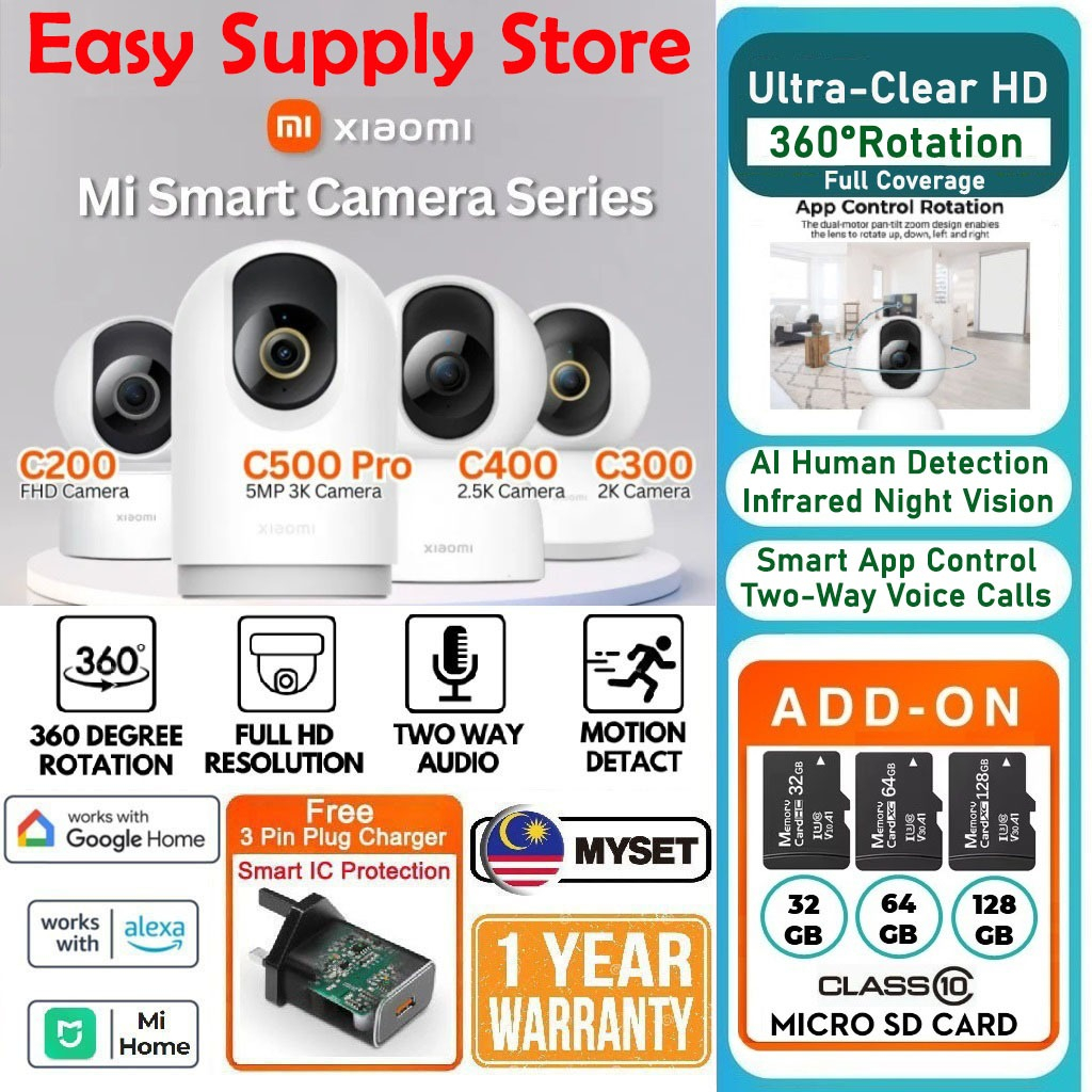 MYSET Xiaomi CCTV 360° Home Security IP Camera PTZ C200 1080P C300 2K ...