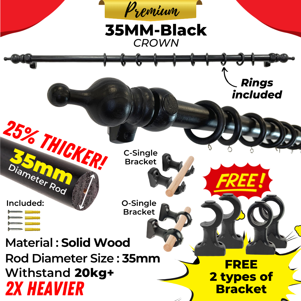 SUPERSAVE (No Ring) Wooden Curtain Rod 28MM Heavy Duty Wooden Rod Solid ...