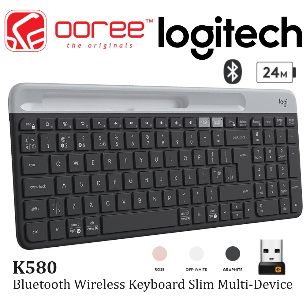 LOGITECH K580 BLUETOOTH SLIM MULTI DEVICE WIRELESS KEYBOARD WITH UNIFYING RECEIVER FOR - DESKTOP ...