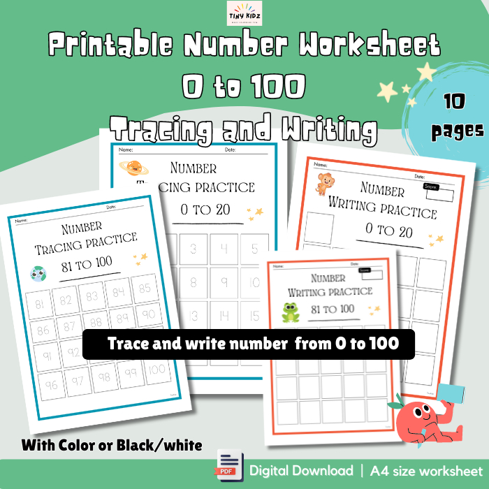 W007 PDF Printable Number Tracing and Writing 0 to 100 Worksheet for ...