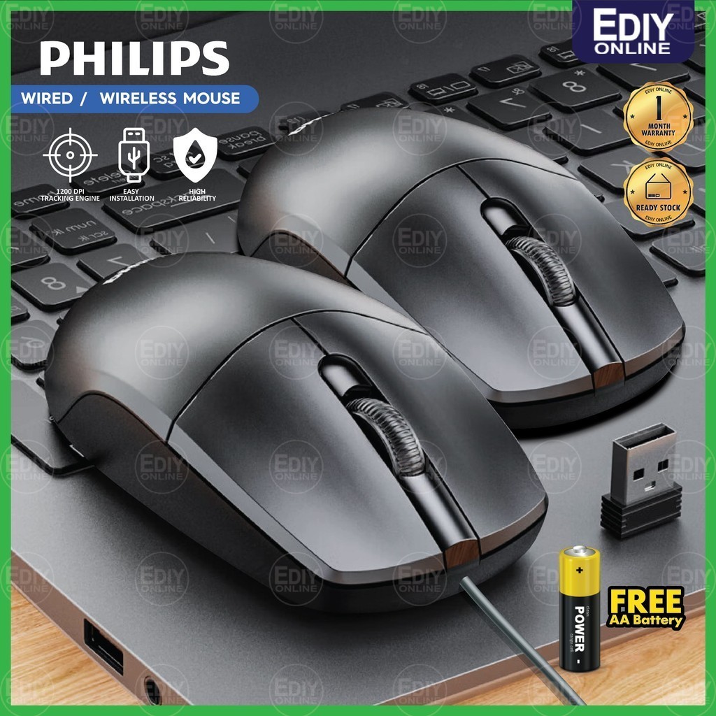 ORIGINAL PHILIPS Wired Wireless Mouse 1.5M Cable USB 2.4Ghz Receiver ...