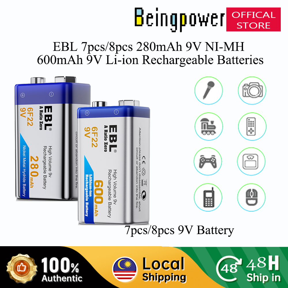 EBL 7pcs 8pcs 280mAh 6F22 9V Ni-MH Battery 9V 600mAh Li-ion ...