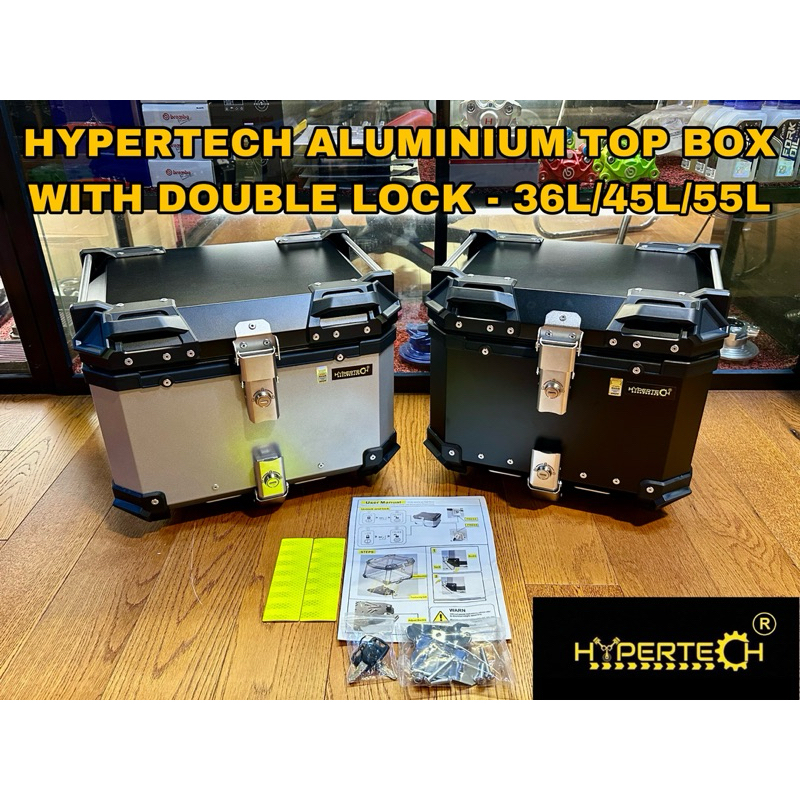 HYPERTECH ALUMINIUM TOP BOX WITH DOUBLE LOCK SILVER BLACK 36L 45L 55L ...