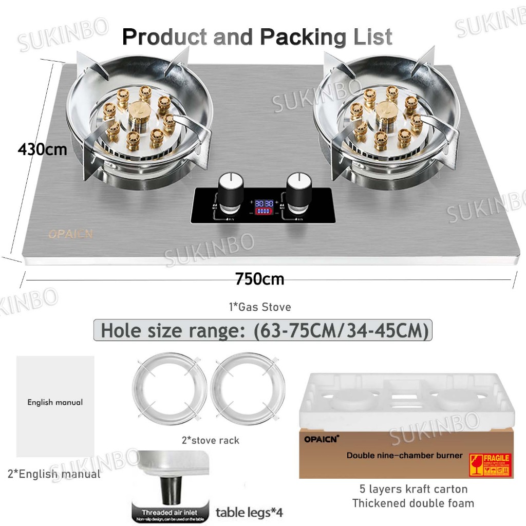 SUKINBO 8.5KW Stainless Steel Timing Double Burner Gas Stove Desktop ...