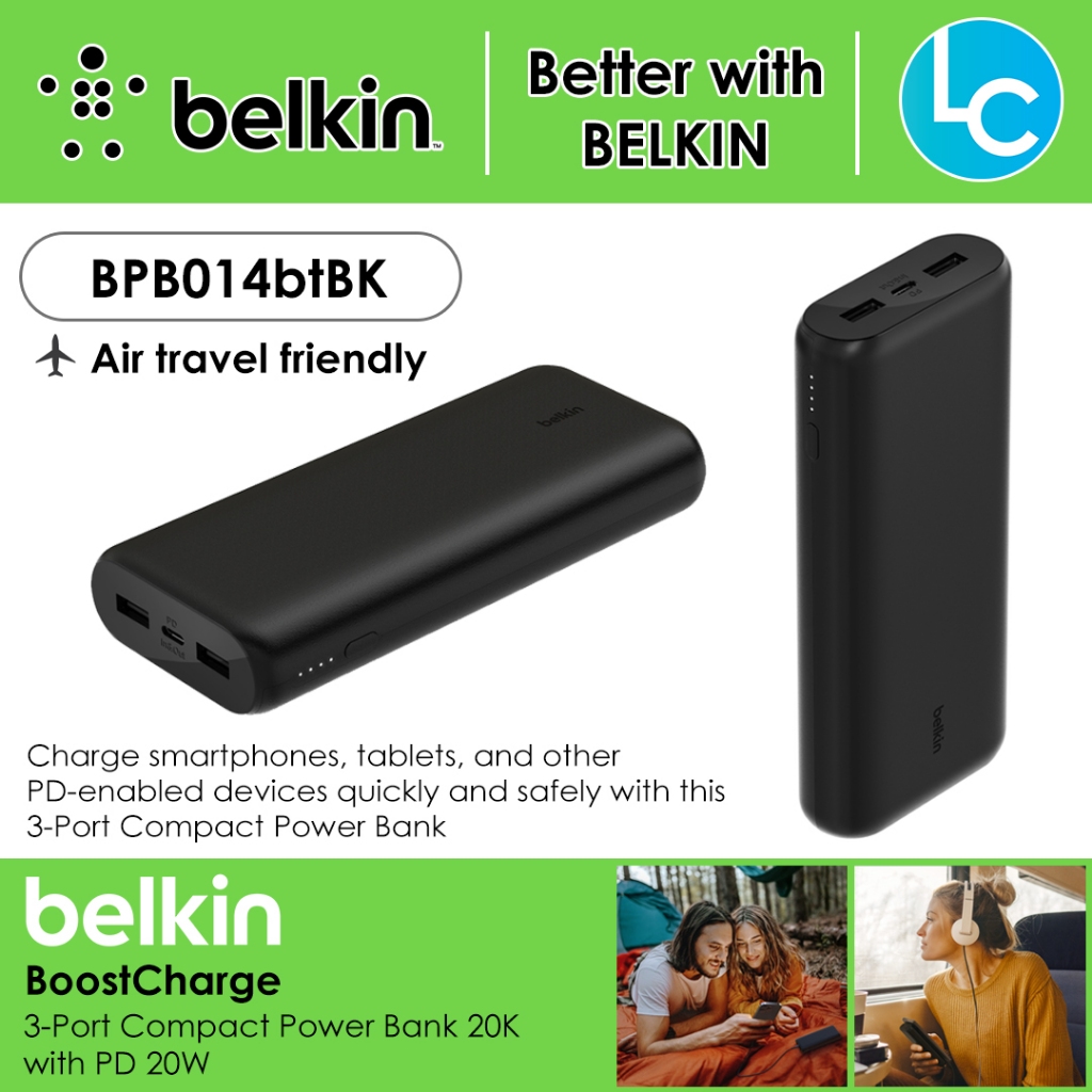 Belkin BPB014btBK 20000mAh BoostCharge 3-Port Compact PowerBank with PD ...