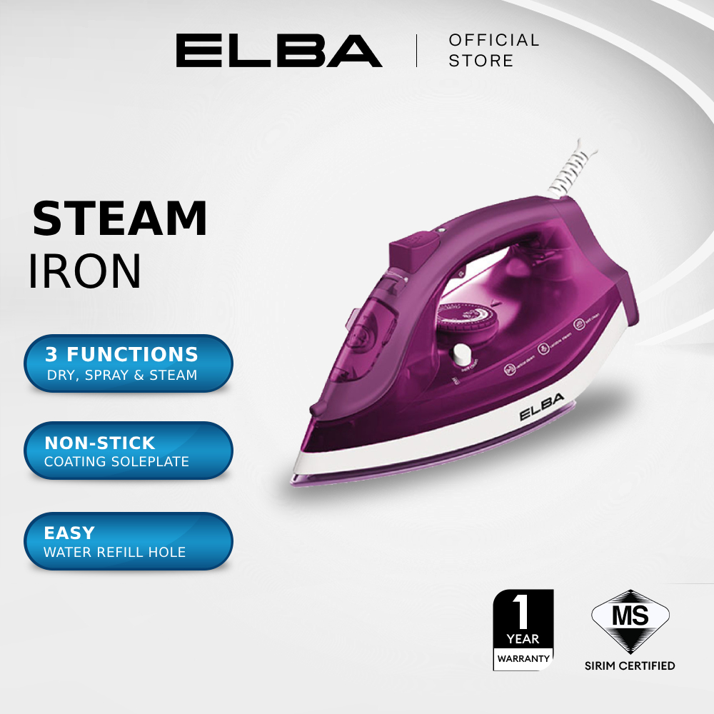 ELBA Steam Iron ESI-N1852(BL/PP) - Dry, Steam & Spray Function - Pink ...