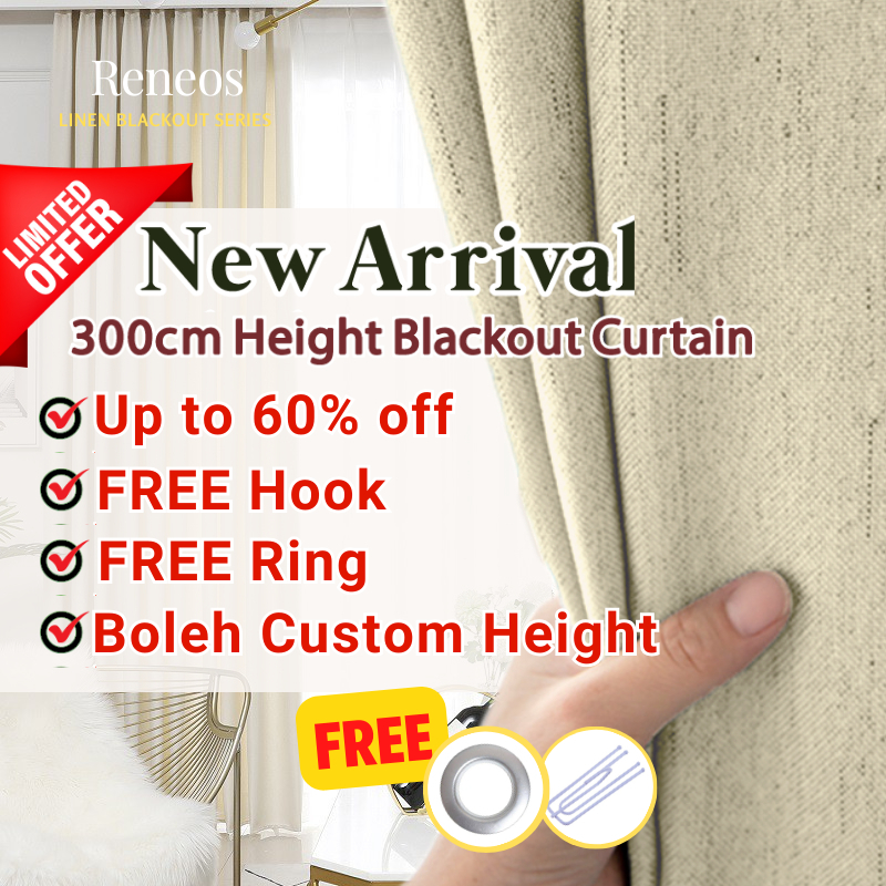 RENEOS Linen Blackout Curtain 300cm Height Langsir Sliding Door Langsir ...