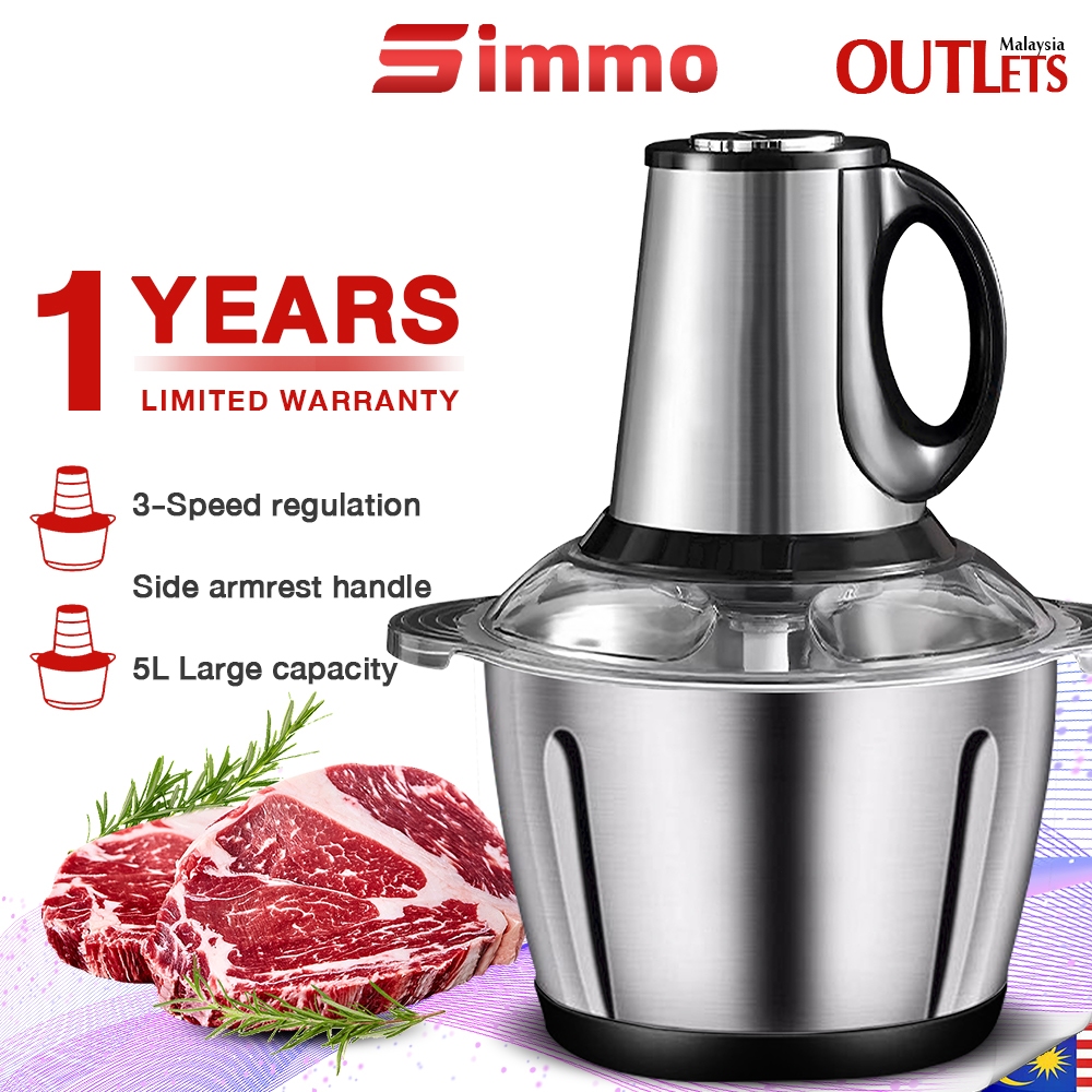 Simmo Chopper Blender Food Processor Electric Meat Grinder 550W 5L Stainless Steel Large ...