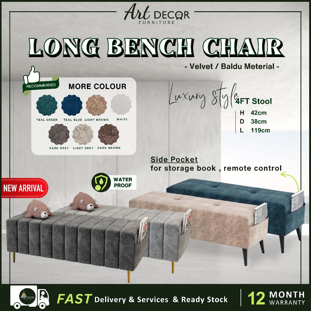 🇲🇾[READY STOCK] 4ft Velvet Fabric Long Bench Stool/ Chair With Big Size ...