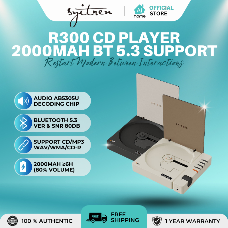 SYITREN R300 CD Player Bluetooth 5.3 2000mAh High-Fidelity Audio 6-Hour ...