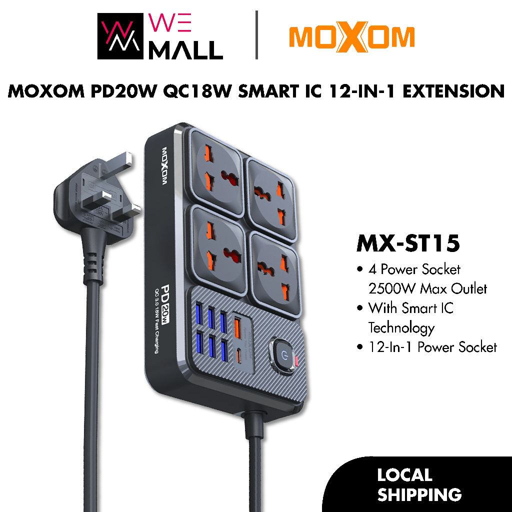 MOXOM PD20W QC18W Smart IC Technology 12-IN-1 Power Strip Extension ...