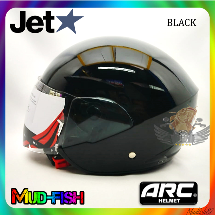 TOPI KELEDAR ARC JETSTAR JET STAR STENG SEMI JET HELMET (HITAM KILAT ...