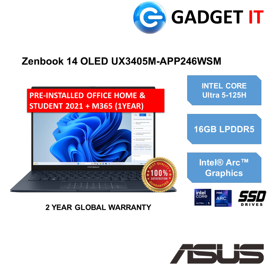 ASUS ZENBOOK 14 OLED UX3405M-APP246WSM LAPTOP (CU5-125H,16GB,512GB SSD ...