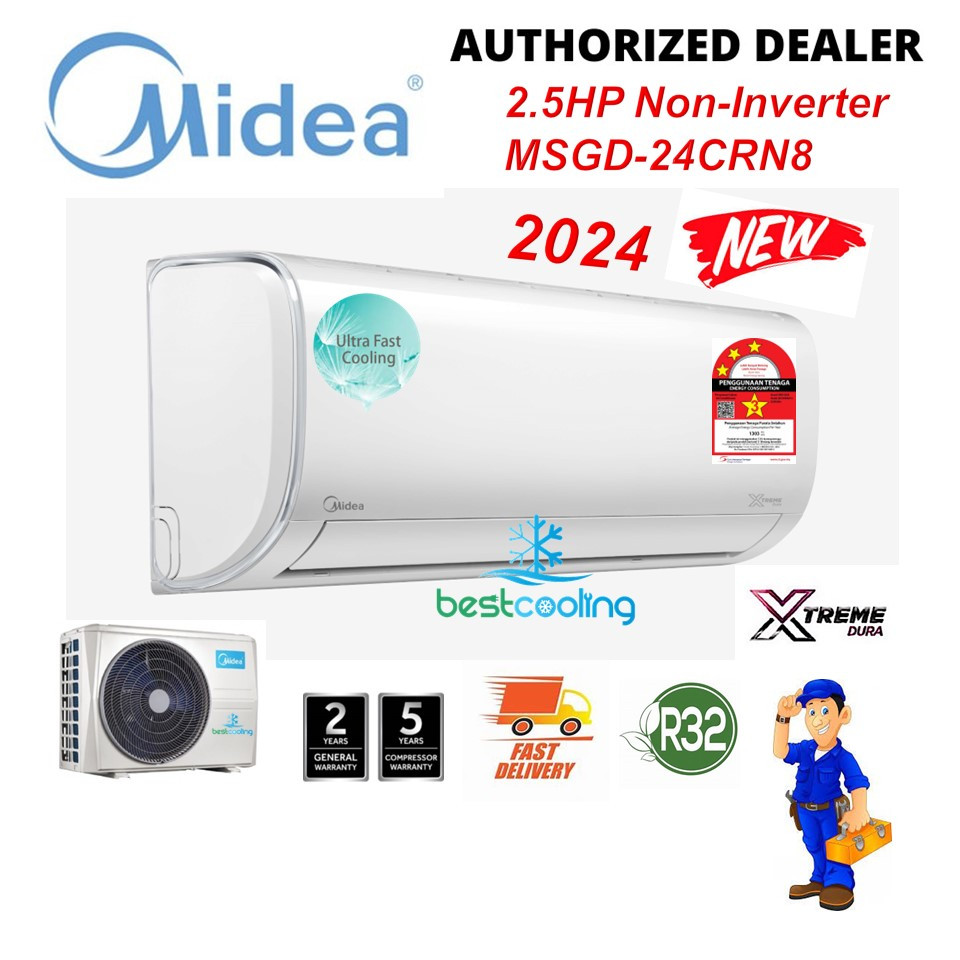Midea (MSGD-24CRN8) 2.5HP wall type air cond R32 Gas Non-Inverter (New 2024) | Shopee Malaysia