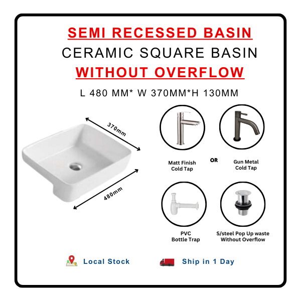 480MM Bathroom White Ceramic Square Semi Recessed Basin Sink Tandas ...