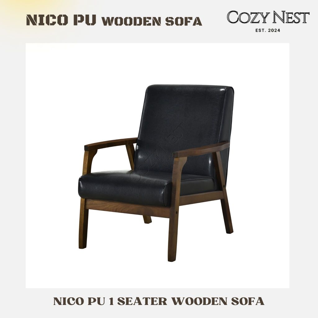 COZY NEST NICO PU 1 Seater Wooden Sofa/Solid Wood Frame/Thick and ...
