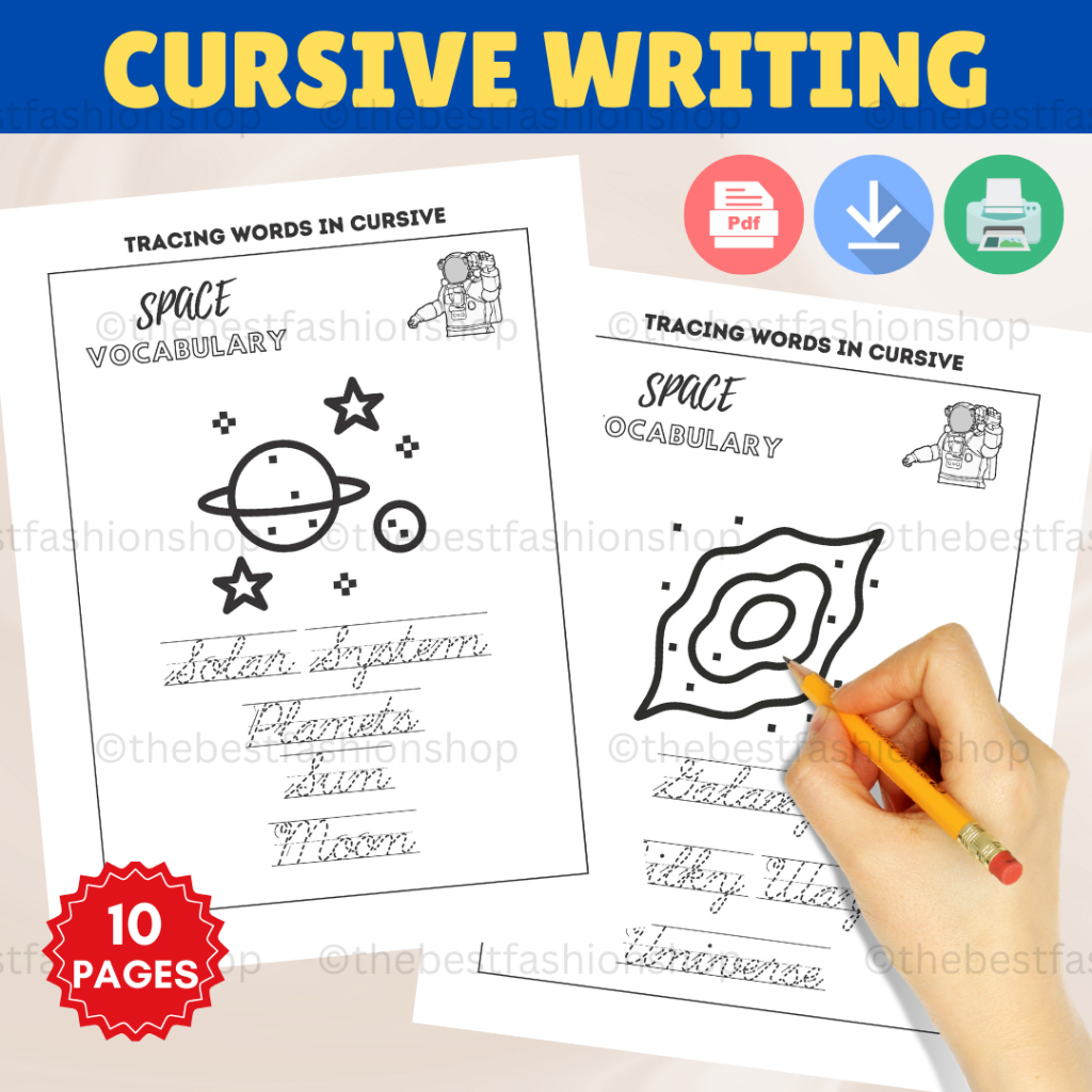 A007 [Softcopy PDF] Space Themed Cursive Handwriting Practice Printable ...