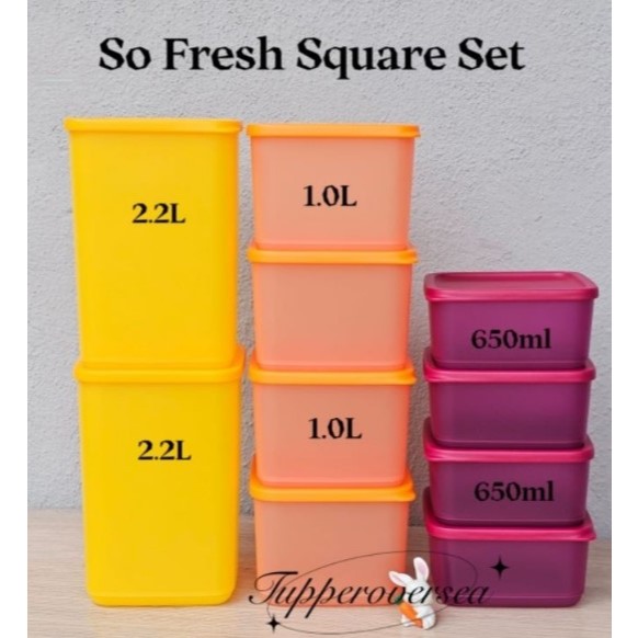 Tupperware So Fresh Square Set (650ml / 1.0L / 2.2L ) - Yellow / Maroon ...