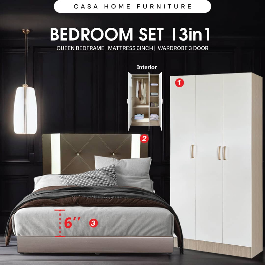 SIAP PASANG Bedroom Set 3 Door Wardrobe | Set Bilik | Divan | Katil ...