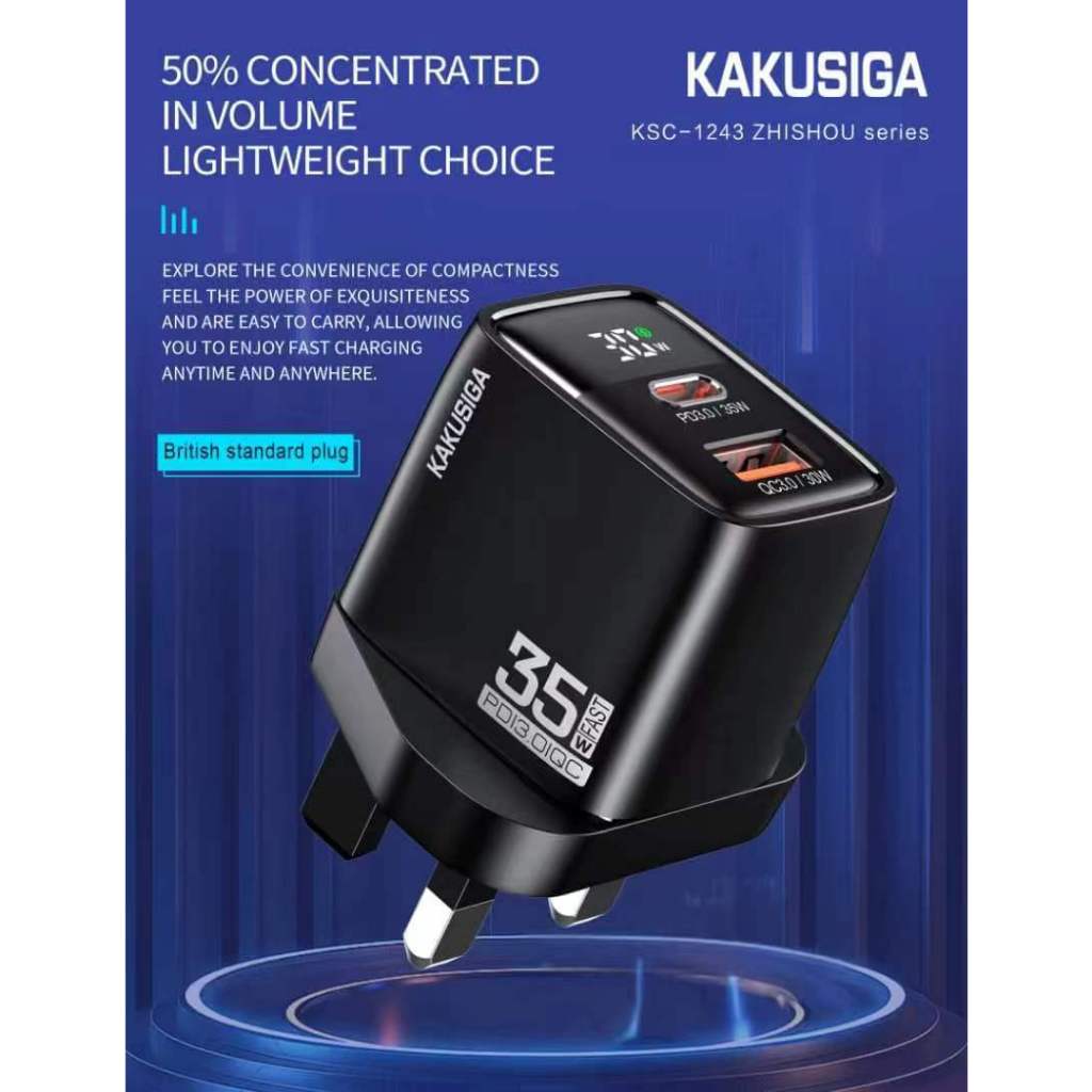 KAKUSIGA KSC-1243 65W Smart Charger Adapter PD 35W + QC 30W Super Fast ...