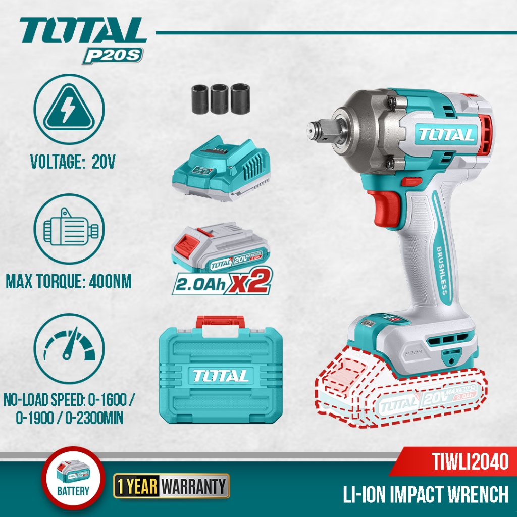 TOTAL Li-ion Impact Wrench (400Nm/ 1/2" /20V) Brushless Motor + 2.0Ah ...
