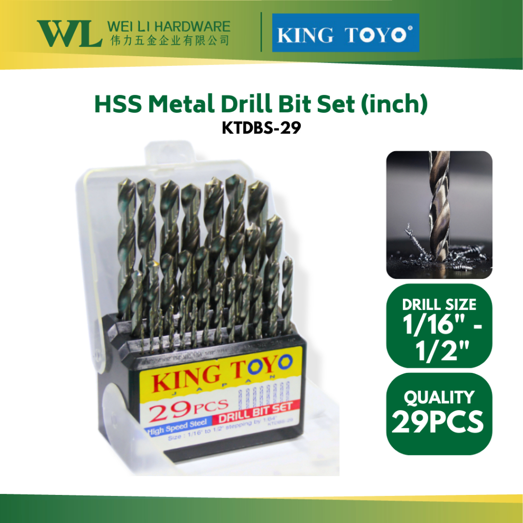 KING TOYO 29PCS HSS Drill Bit Set 1/16"-1/2" KTDBS-29/ drill bit metal ...