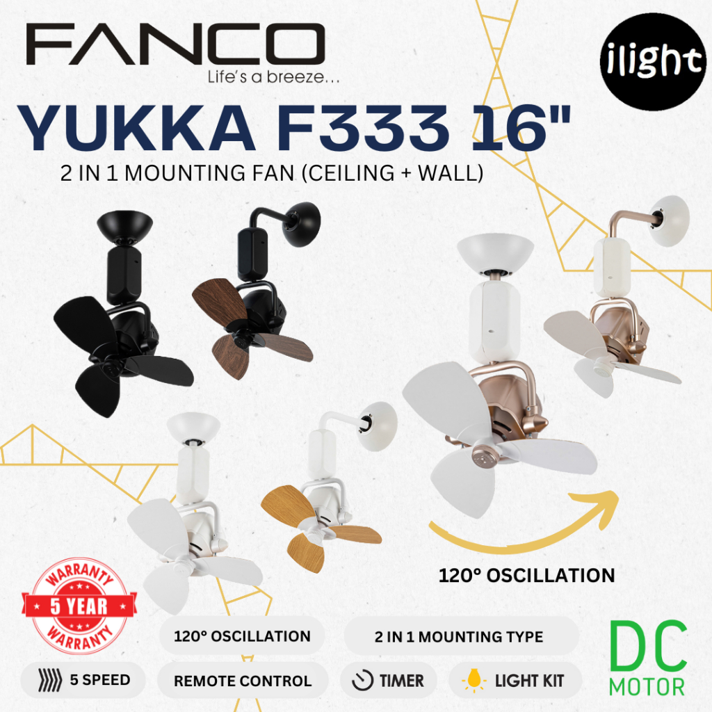 FANCO YUKKA F333 16 Inches 3 ABS Blade DC Motor 5 Speed 2 in 1 Dual ...