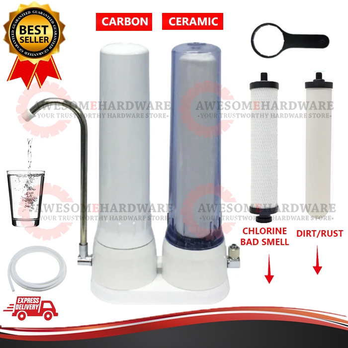 NISHIMEN JAPAN 10" COUNTER TOP DOUBLE CTC WATER FILTER HOUSING SET WITH ...