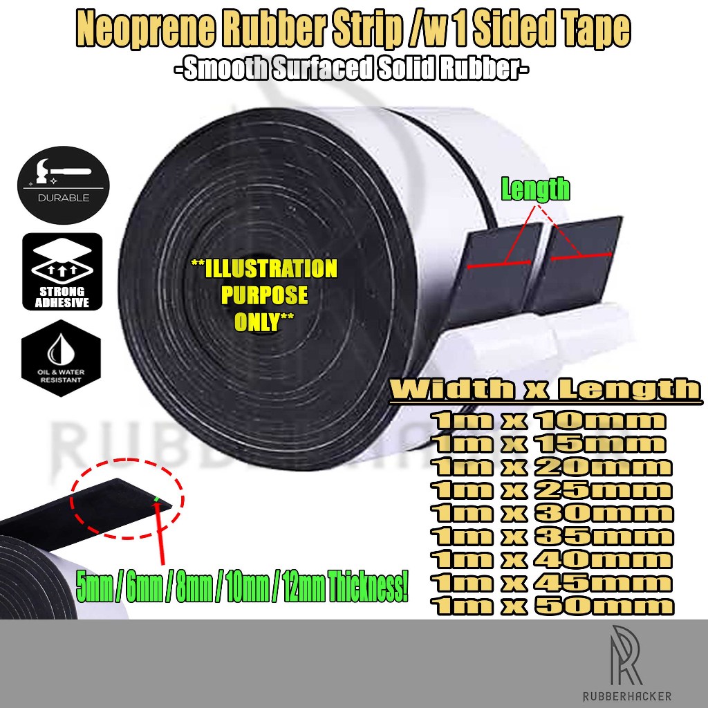 Neoprene CR Rubber Strips WITH 1 Sided Tape 5mm to 12mm Thickness x 1m ...