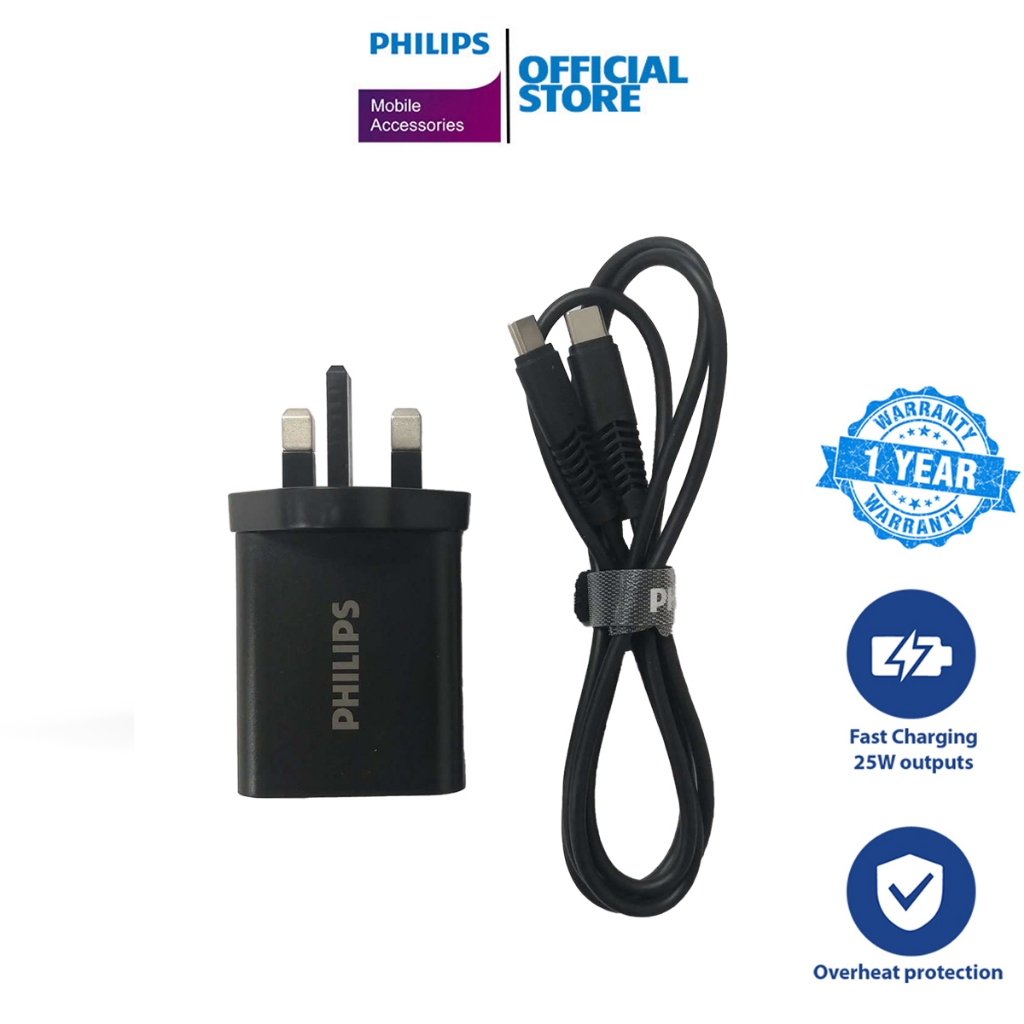 Philips 3 Pin Type C Fast Charge Wall Charger With USB-C Port (25W ...