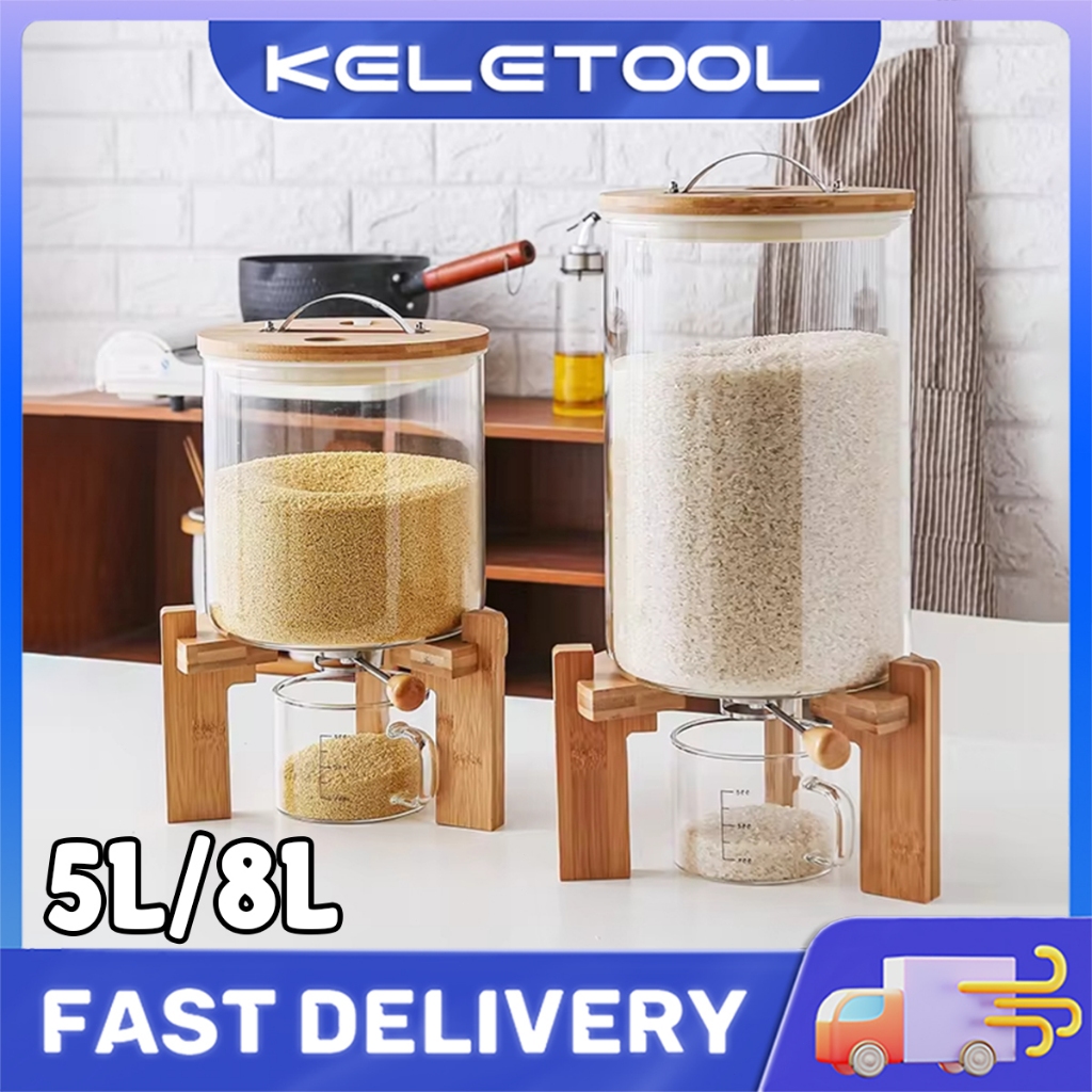 5L 8L Glass Rice Jar Storage Rice Dispenser Kitchen Rice Container ...
