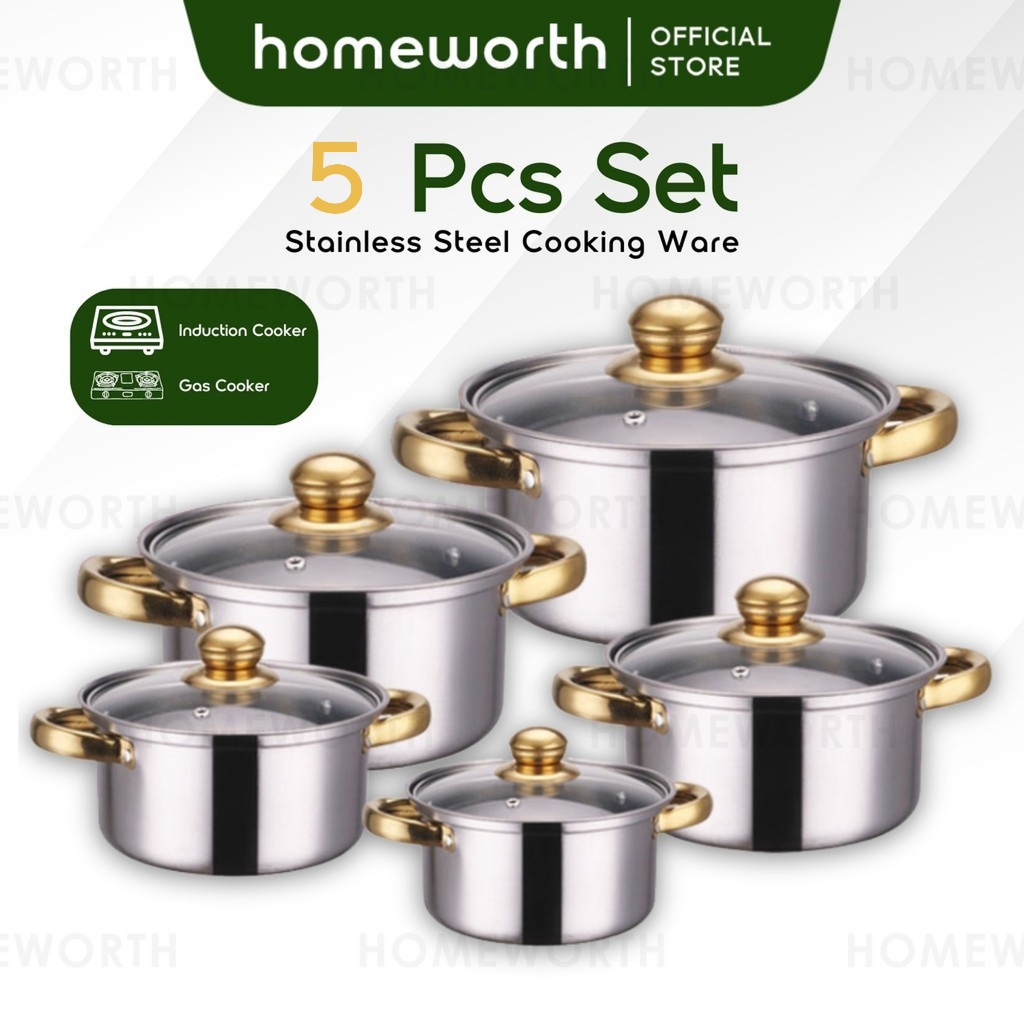 HOMEWORTH 5PCS Set Cookware Sets High-quality Popular sliver stainless ...
