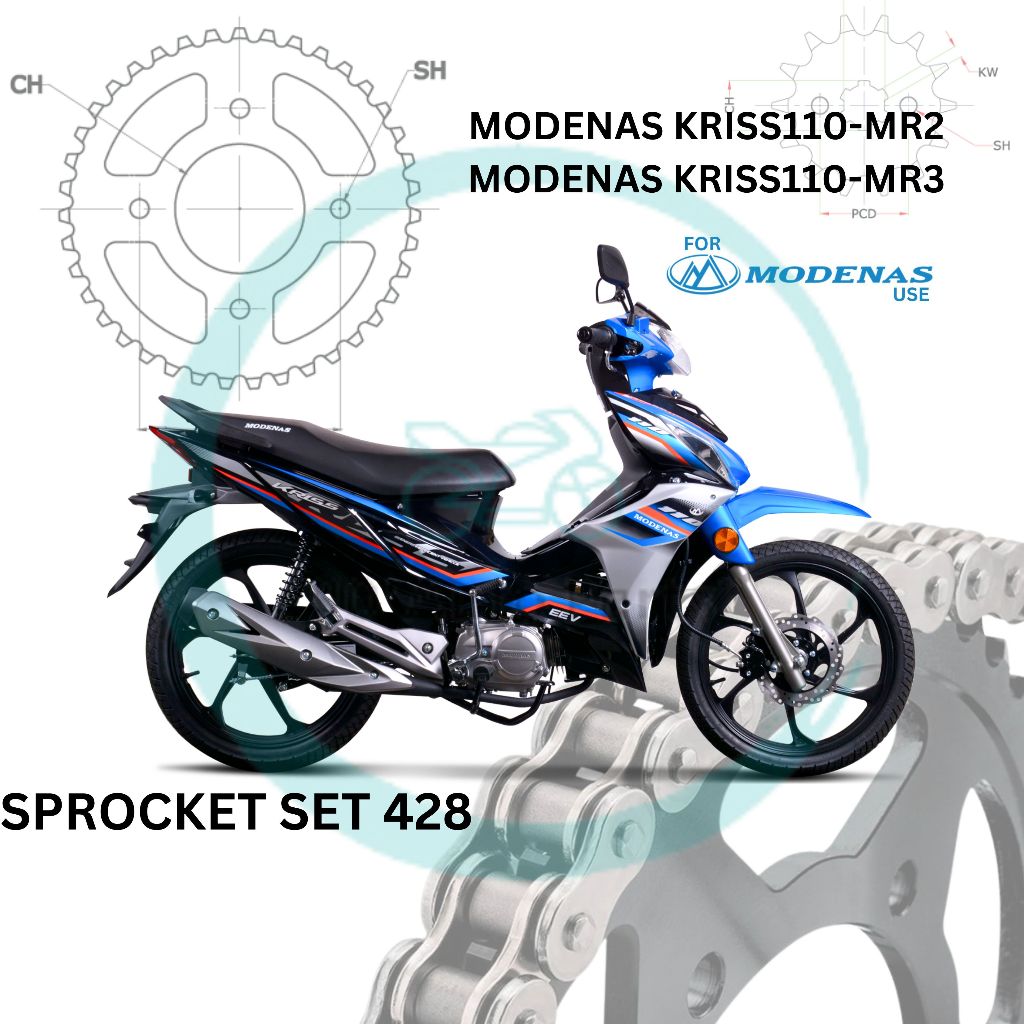 MODENAS MOTOR KRISS 110 MR2 MR3 KRISS110 MR2 MR3 KRISS MR2 MR3 SPROCKET SET 428 SPOCKET RANTAI ...