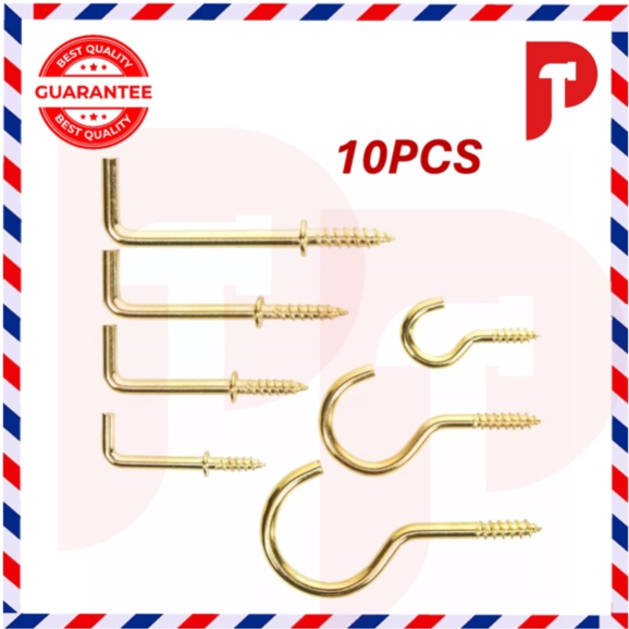 Brass Plated Screw Hook (L Hook / Cup Hook) 🔥 Ready Stocks 🔥 Eye Shape ...