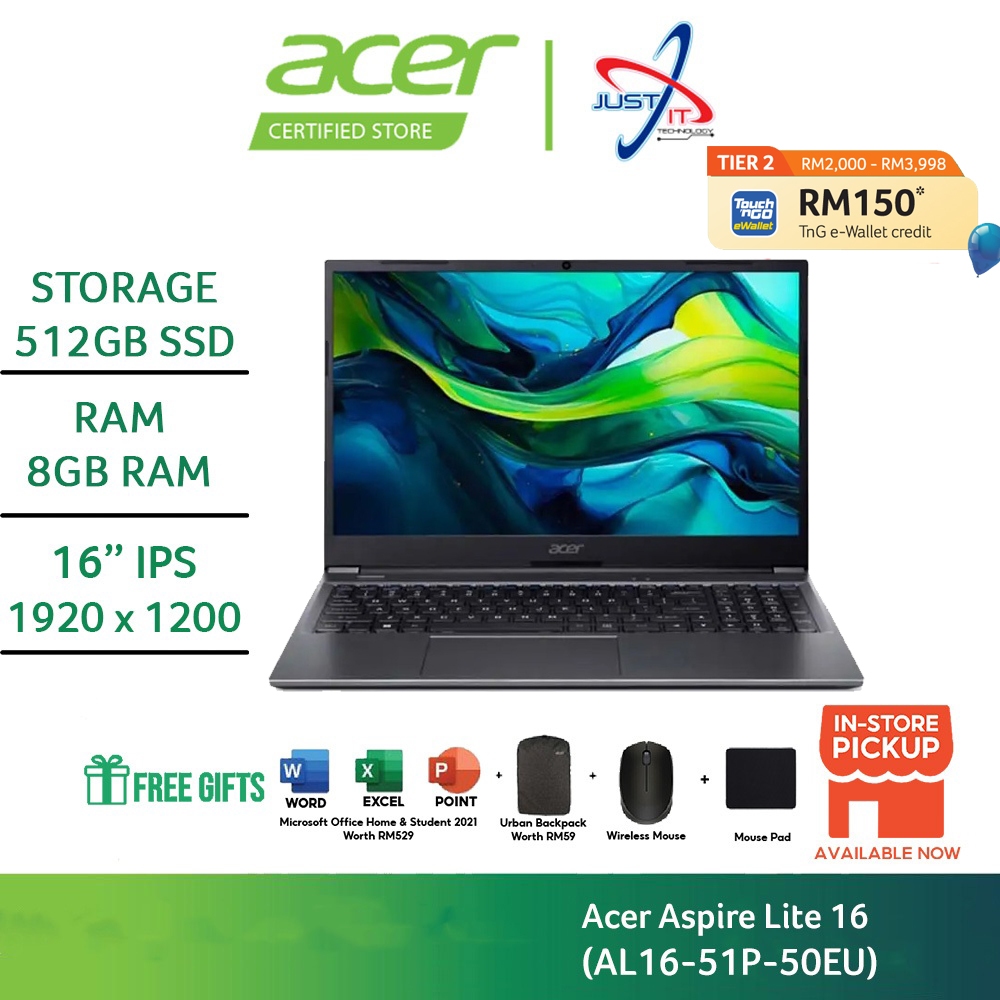 ACER ASPIRE LITE 16 AL16-51P-50EU LAPTOP ( I5-1235U 8GDR5 512SSD / 16" IPS / WIN11H / OFFICE OPI ...