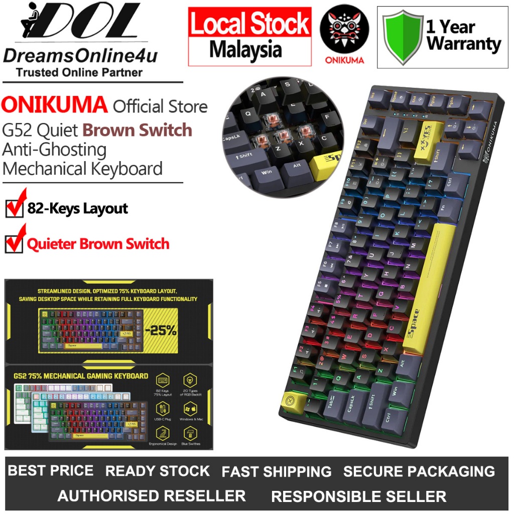 ONIKUMA G52 Compact Detachable USB Wired 82-Key Brown Switch Anti-Ghosting RGB Mechanical ...