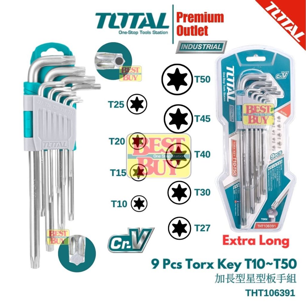 TOTAL Tools Torx allen key/Star Key Wrench 9 Pcs set (Extra Long)(Long ...