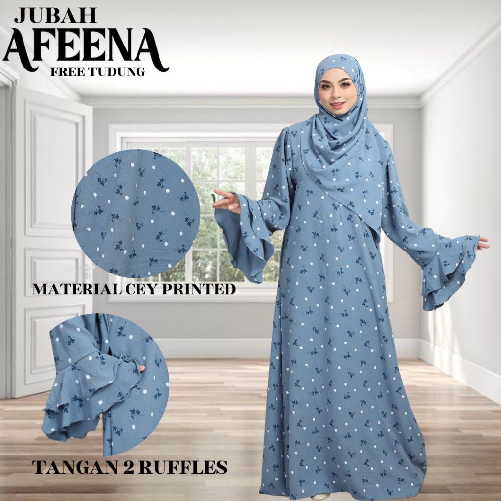 JUBAH AFEENA SET JUBAH TUDUNG KAIN CEY CREPE CORAK | Shopee Malaysia