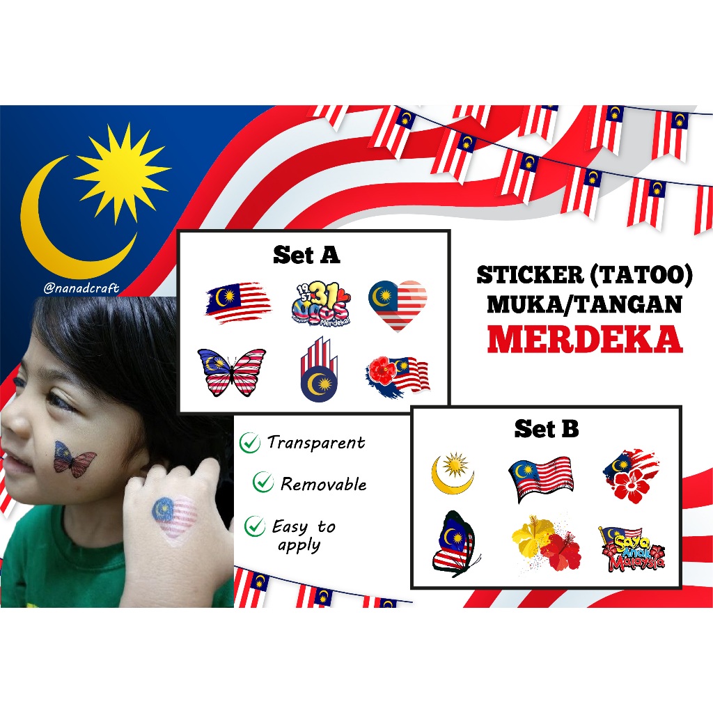 Sticker Muka Pipi Tangan Tatoo Removable Merdeka Malaysia DIY ...