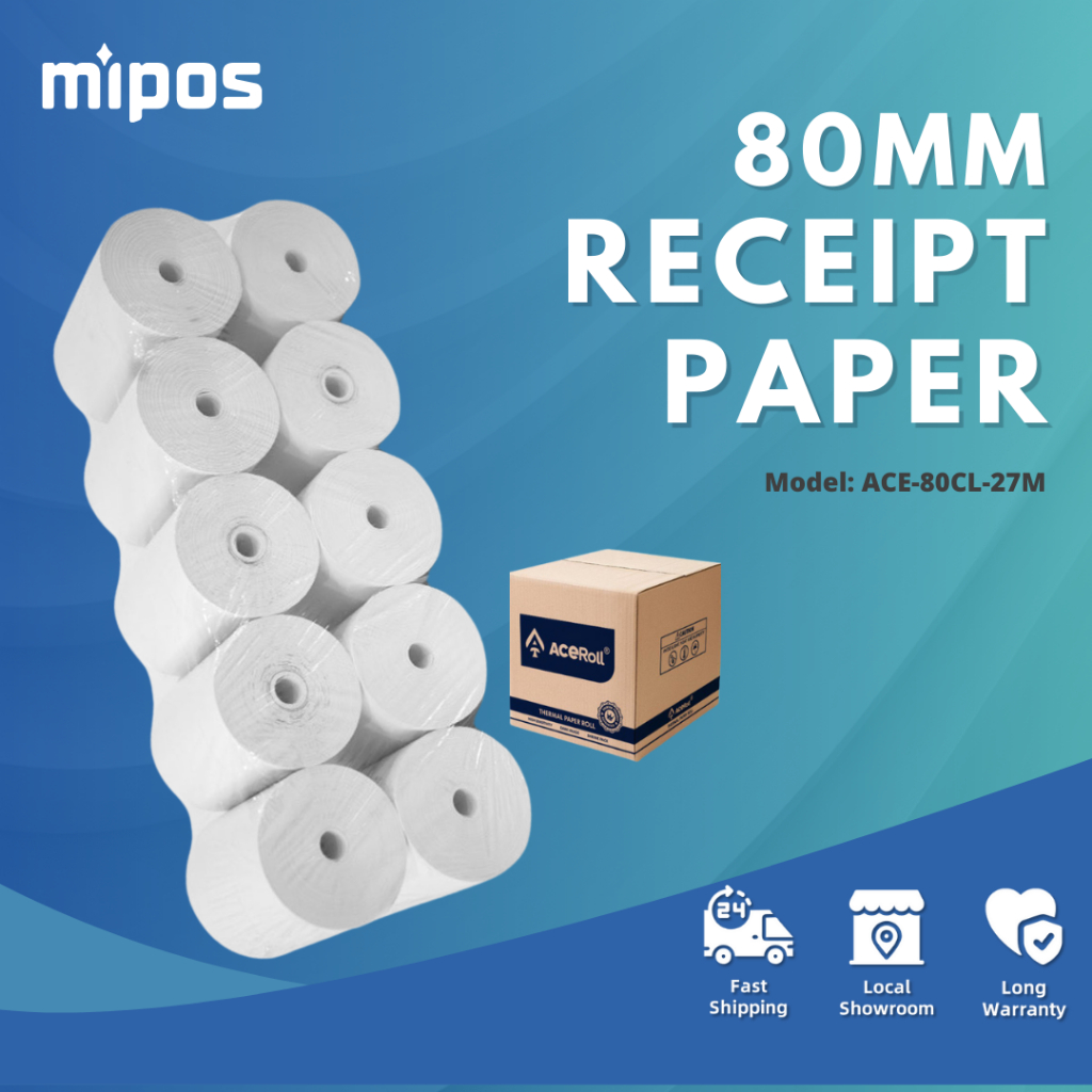 80mm Thermal Receipt Paper Roll Coreless 27 Meter (55gsm) Resit Paper ...