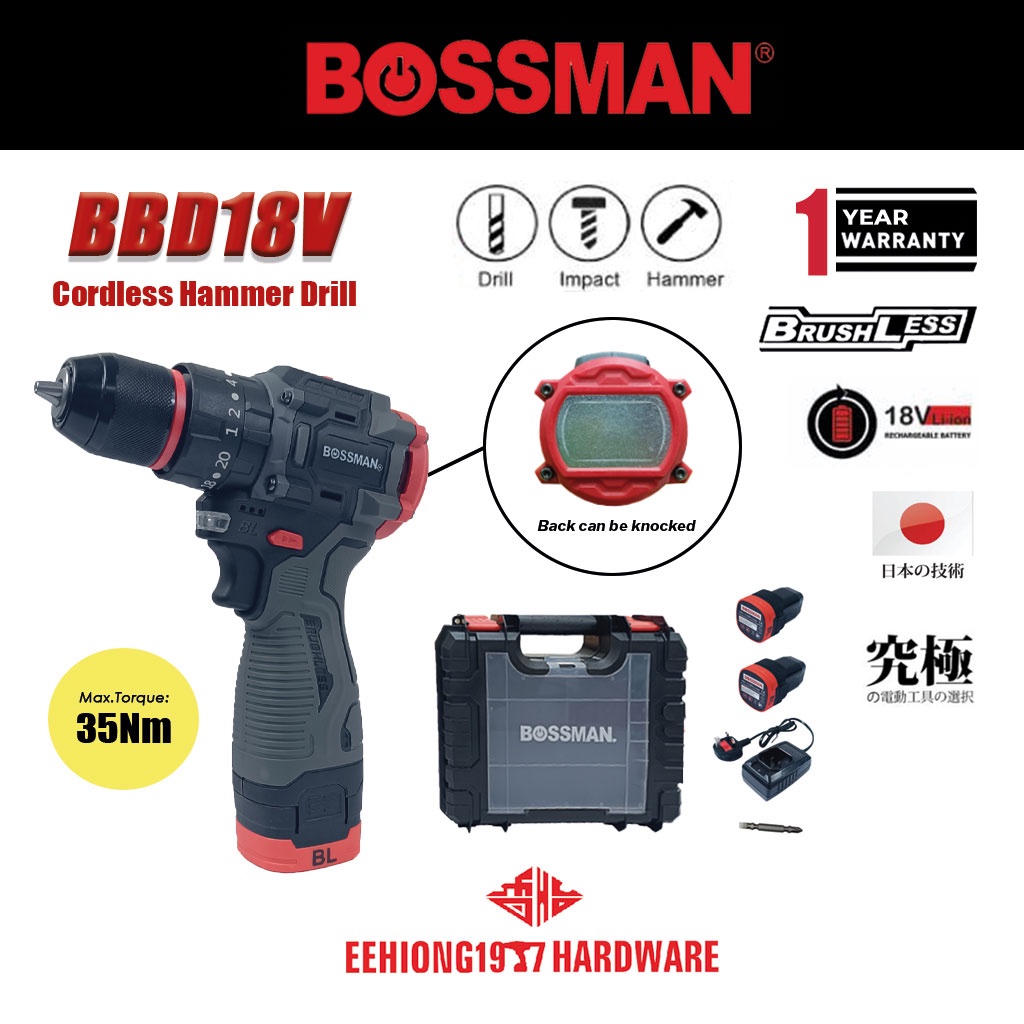 BOSSMAN BBD18V 18V Cordless Brushless Hammer Drill 电锤钻 Gerudi Tukul BBD ...